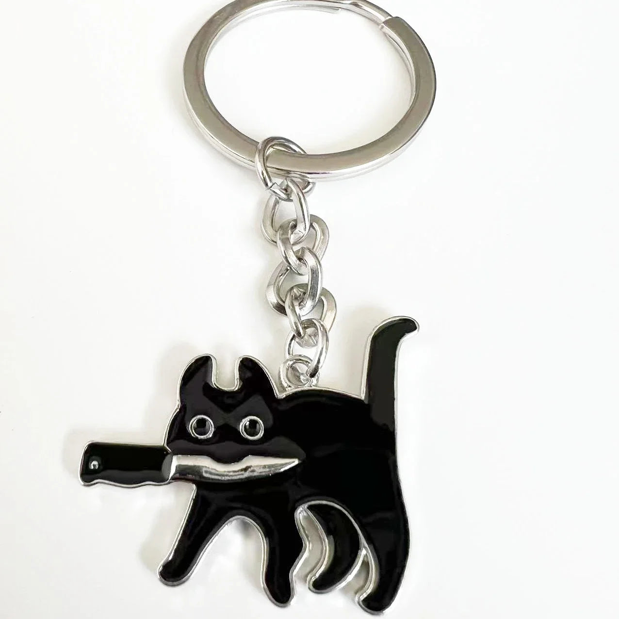 1PC Black Cat Kawaii Keychain – Cute Stainless Steel Key Ring Pendant